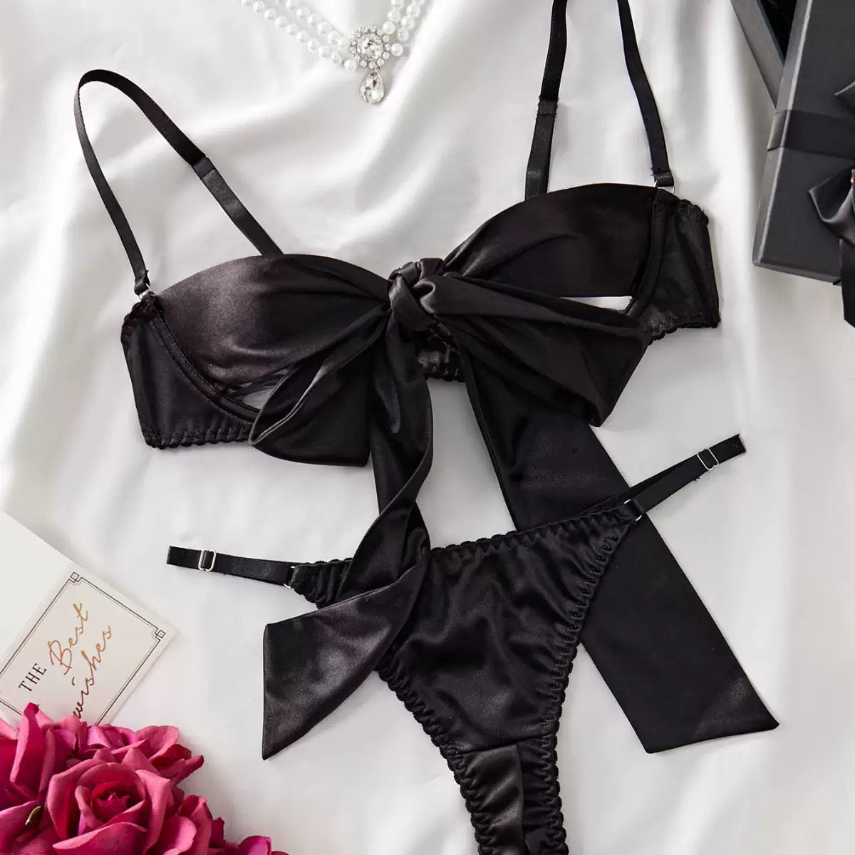 Black Bow Lace Lingerie Set 2 Piece Bra And Thong Unveil Unveil